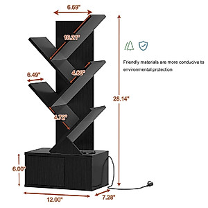 Vagusicc Tree Bookshelf - 5 Shelf Retro Floor Standing Bookcase with Charging Station, Mini Wood Book Storage Rack for CDs/Movies/Books, Utility Organizer Shelves for Living Room, Bedroom, Home Office