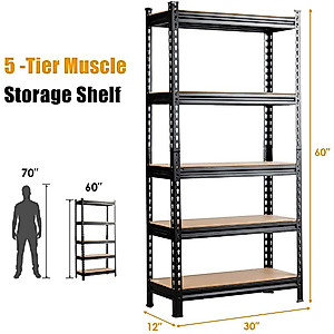 LDAILY 5-Tier Storage Rack, Heavy Duty Steel Shelf Unit with Adjustable Shelves, Boltless Shelving for Free Combination, 60" Commercial Garage Rack Unit (1, Black)