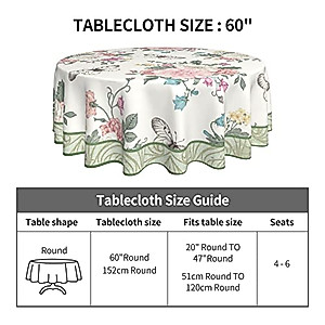 Round Tablecloth 60 Inch, Spring Floral Butterfly Green White Table Cloth for Rustic Farmhouse Kitchen Decor, Waterproof Wipeable Polyester Fabric Table Cover for Holiday Party Outdoor Camping Picnic