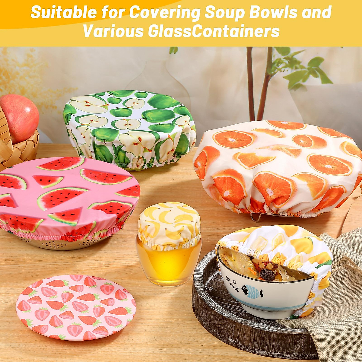 15 Pieces Reusable Bowl Covers in 6 Size, Sublaga Stretch Cloth Fabric Dish Cover Kitchen Storage Containers Lids for Fruits Food Leftover Dough Bread Proofing (Fruit Style)