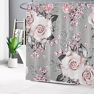 LB Pink Peony Floral Shower Curtain for Bathroom, Farmhouse Wildflower with Grey Leaf Fabric Shower Curtain with Hooks, Country Nature Plant Bathroom Curtain Shower Set, 72" W x 72" L
