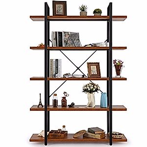 5 tier Industrial Bookshelf, 6 Foot Tall Solid Etagere Bookcase, 72 H x 12 W x 47D Inches, Free Standing Book Shelves for Living Room, Bedroom, Office, Black Metal Frame and Warm Rustic Brown Wood