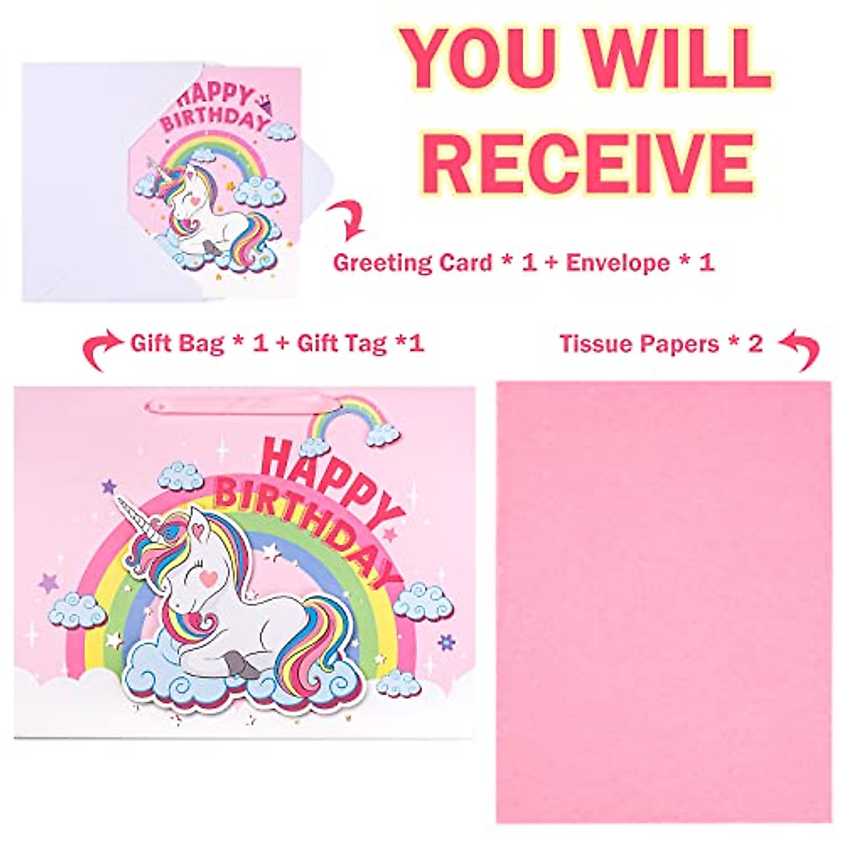 WRAPAHOLIC 16" Extra Large Birthday Gift Bag with Card and Tissue Paper - Fantacy Unicorn Happy Birthday