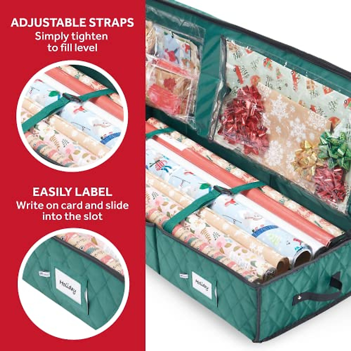 ZOBER Wrapping Paper Storage Containers - 40.5x14x6 Inch, Quilted, Duffle Bag-Style Gift Wrap Organizer and Storage Bag w/Wheels, Zipper and Double Handle for Christmas Decorations - Red