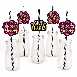 Big Dot of Happiness Elegant Thankful for Friends - Paper Straw Decor - Friendsgiving Thanksgiving Party Striped Decorative Straws - Set of 24