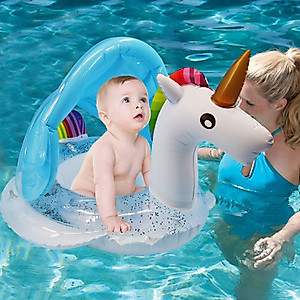 Unicorn Baby Swimming Pool Float with Canopy, Glitters, Seat & Safety Handle, 2024 Summer Baby Floats for Pool, Inflatable Baby floaties for 8-36 Months Toddler Boy Girl Summer Outdoor Party Favor