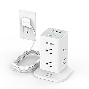 Surge Protector Power Strip Tower 10 FT, TESSAN Flat Plug Extension Cord with 8 AC Outlets 3 USB Ports (1 USB C), 1700J Protection Desk Charging Station for Home, Office Supplies, Dorm Room Essentials