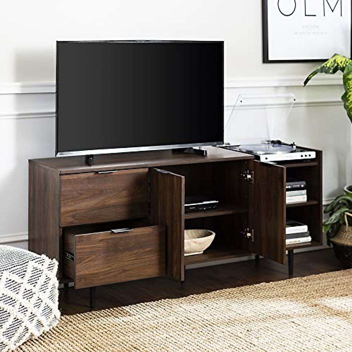 Walker Edison Modern Wood TV Stand with Cabinet Doors and Drawers for TV's up to 65" Flat Screen Universal TV Console Living Room Storage Shelves Entertainment Center, 58 Inch, Dark Walnut