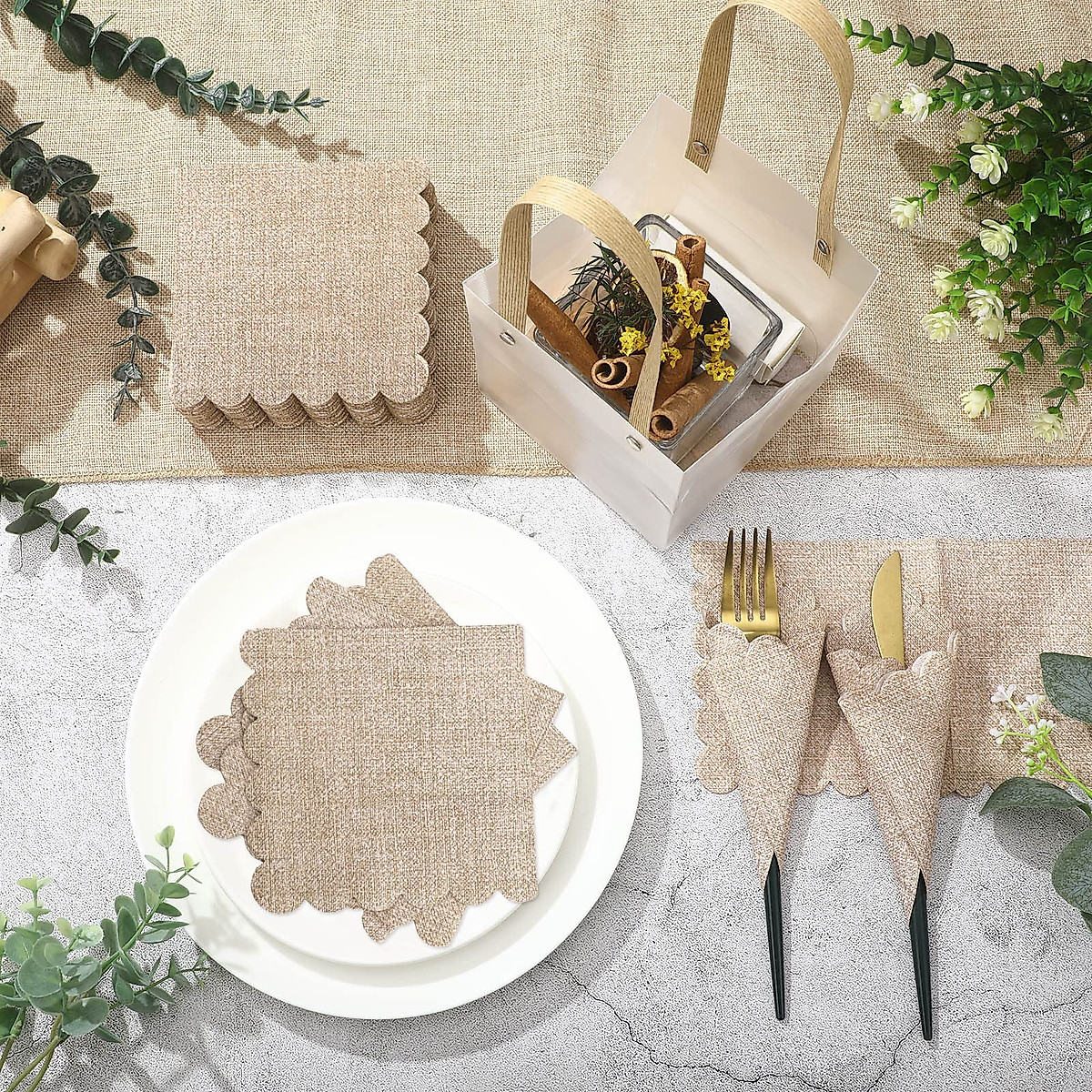 Panelee 100 Pcs Burlap Cocktail Dessert Napkins Bulk Rustic Scalloped Paper Napkins Decorative Party Disposable Hand Towel for Wedding Baby Shower Dinner Birthday, 5 x 5 Inch