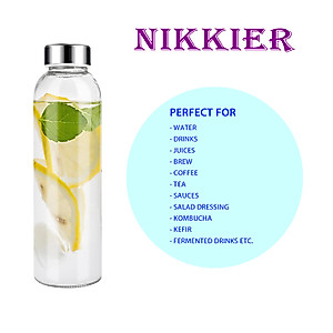 NIKKIER Clear Glass Bottles with Lids 6pcs Set 18oz,Reusable Glass Water Bottle with Stainless Steel Cap, 100% Leak Proof,Can be Used for Fruit Juice, Tea, Water, etc