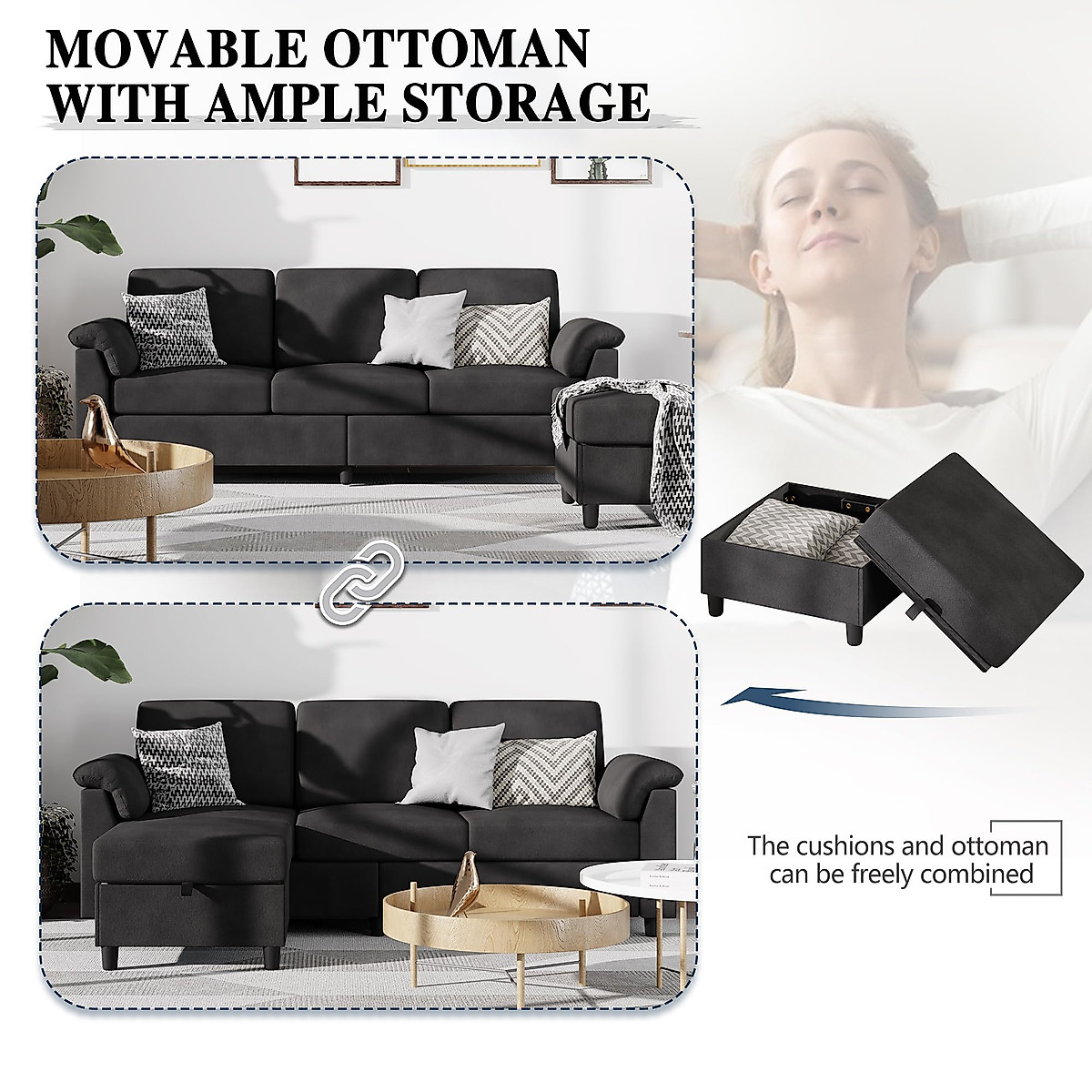 Meilocar 79" Sectional Sofa Couch, Sectional Couch with Storage Ottoman, Convertible L Shaped Couch with Armrests Side Storage Pockage, 3-Seat Sofa Couches for Living Room, Apartment, Black