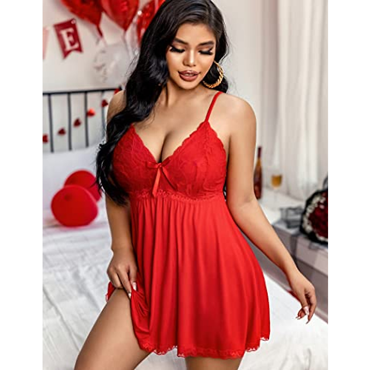 Avidlove Nightgown for Women Lace Christmas Red Nighty Sexy Chemise Nightwear Soft Night Slip(Christmas Red,XL)
