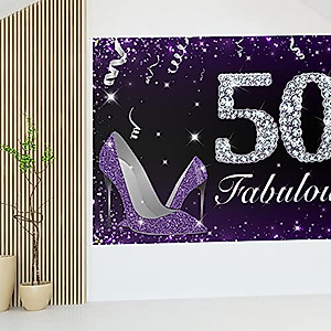 HAMIGAR 6x4ft Happy 50th Birthday Banner Backdrop - 50 & Fabulous Heels Birthday Decorations Party Supplies for Women - Purple