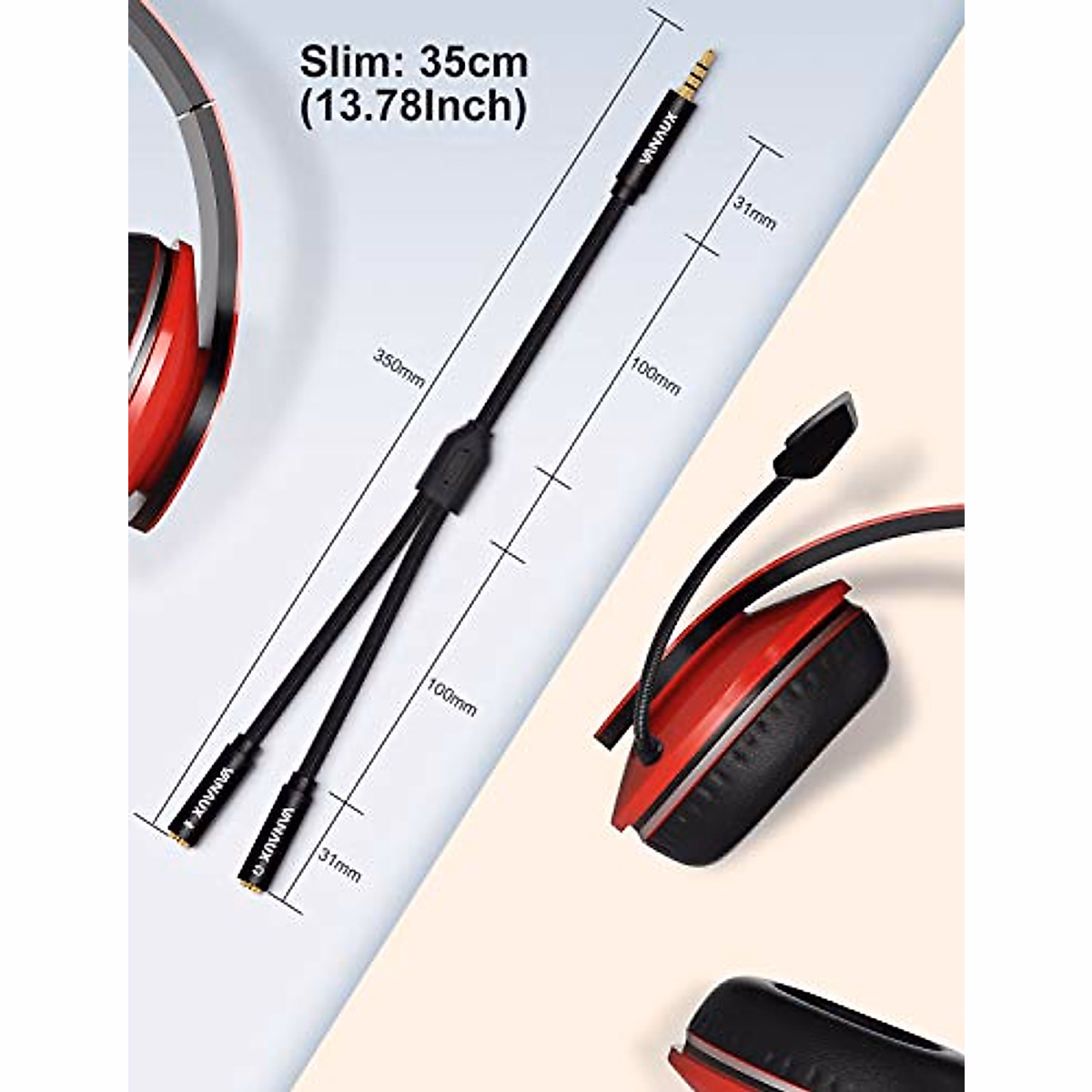Headset Adapter Headphone Mic Y Splitter Cable, VANAUX 3.5mm Stereo Audio Male to 2 Female Separate Audio Microphone Plugs Compatible for PS4, Xbox One, Laptop, Phone, PC Gaming Headset