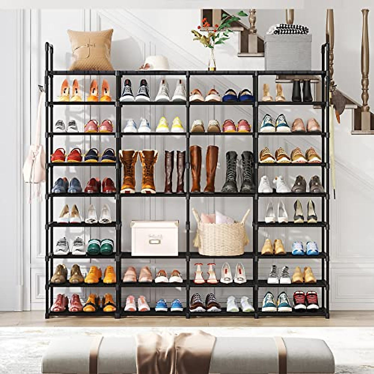 Tribesigns Large Shoe Rack Organizer Closet for Entryway Bedroom Hallway, 9 Tier 72 Pair Heavy Duty Shoes Shelf Storage with Side Metal Hook, Black