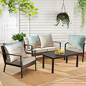 OTOSTAR Waterproof Summer Decorations Outdoor Throw Pillow Covers Linen Starfish Shell Pillow Covers Pack of 4 Square Cushion Case Garden Pillowcase 18x18 Inch for Patio Furniture Couch Tent (Beach)