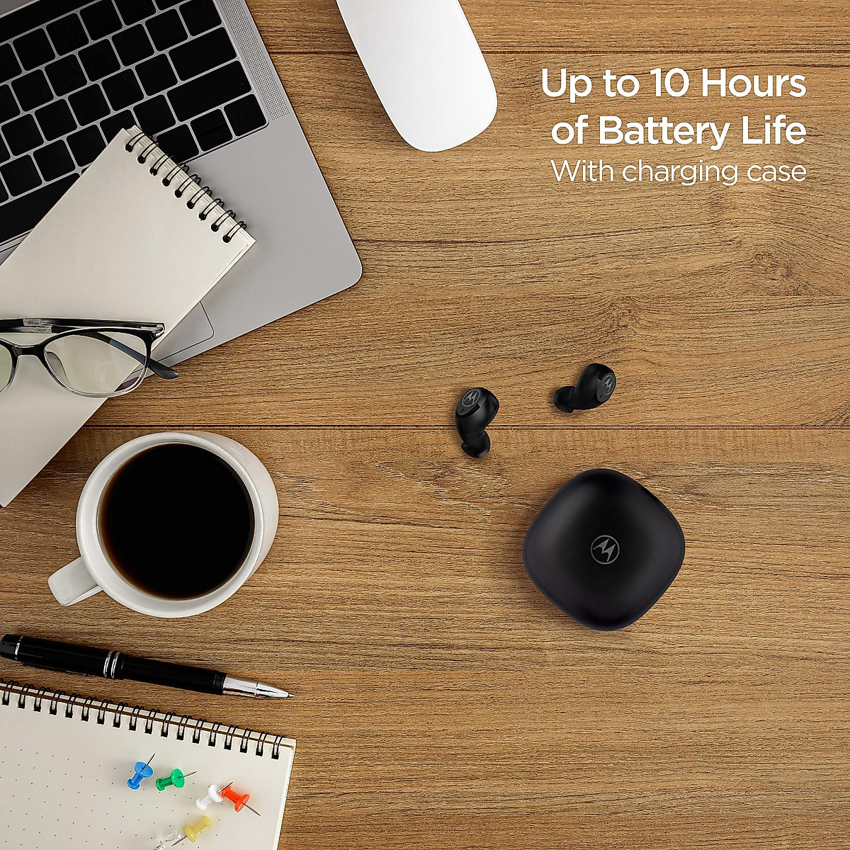 Motorola Moto Buds Charge - True Wireless Bluetooth in-Ear Headphones - Charging Case, IPX5 Waterproof Cordless Earbuds, Mobile Charge Capability, Up to 10 Hours Battery Life, Built-in Mic - Black