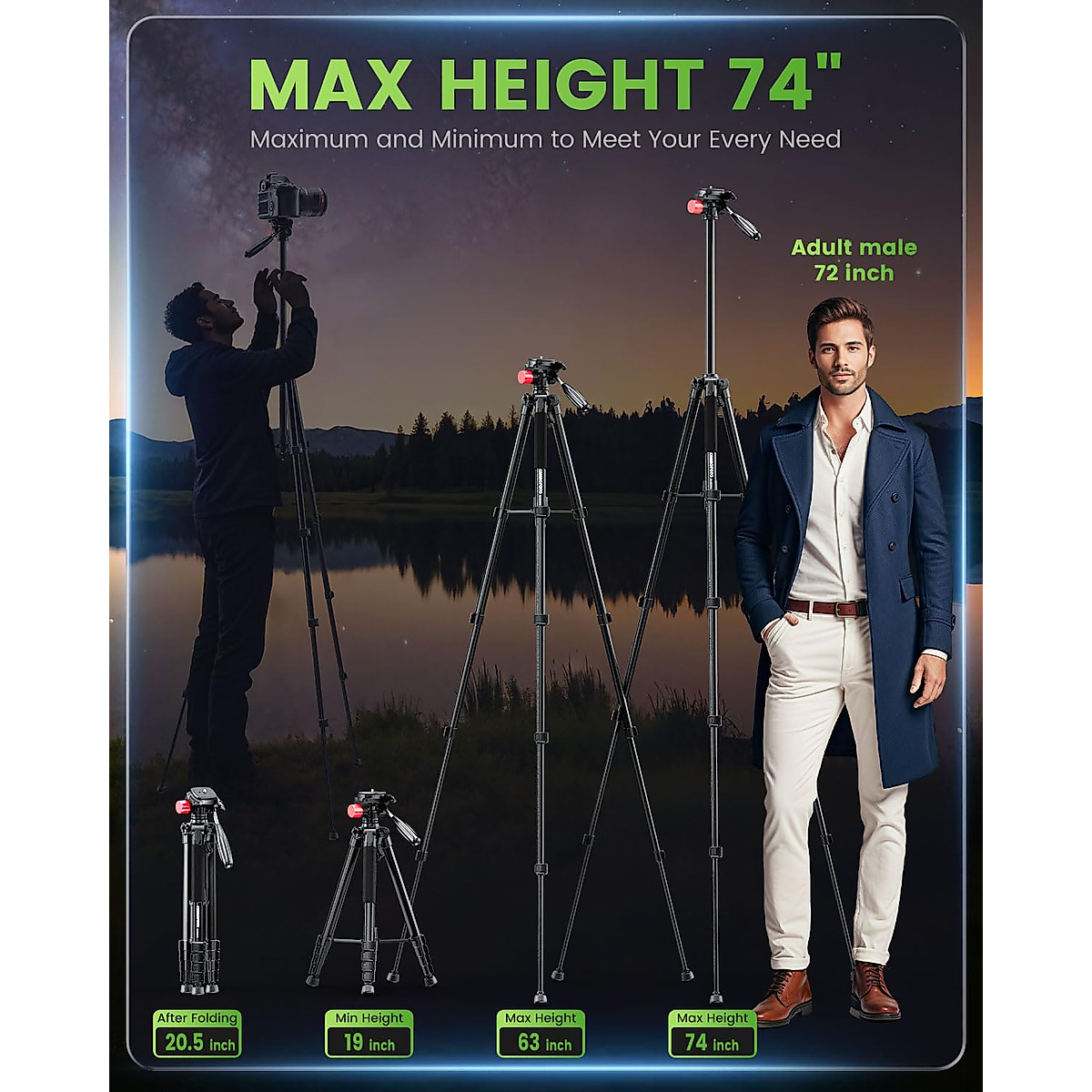 CAMBOFOTO 74"-Camera-Tripod, Porfessional Aluminum Heavy Duty Tripod Stand for Mirrorless Camera/DSLR/Cell Phone/Camcorder, with Holder and Travel Bag