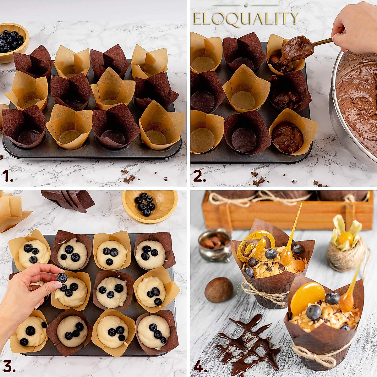 Baking Cups Cupcake Wrappers Set - 250 Pcs Brown Greaseproof Tulip Paper Cake Tin Liners and Natural Color Tulip Baking Parchment Papers for Muffins Cupcakes Mini Snacks Wedding Birthday Party
