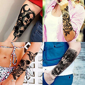 Shegazzi 62 Sheets Wolf Lion Skeleton Temporary Tattoos For Men Women Arm, 3D Realistic Tattoo Stickers For Adults Kids Neck, Black Scary Skull Halloween Vampire Fake Tatoos Snake Flower Compass