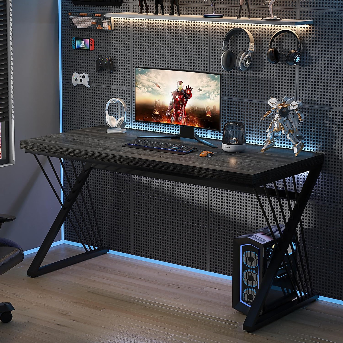 FOLUBAN Modern Home Office Desk, Rustic Wood and Metal Computer Desk, Writing Study Gaming Table PC Desks for Living Room Bedroom, Industrial Dark Gray, 53 inch