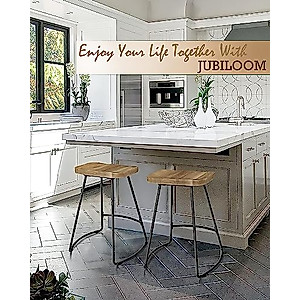 JUBILOOM 24 Inch Bar Stools, Counter Height Bar Stools with Metal Leg, Kitchen Stools with Wood Saddle, Industrial Backless Bar Stools for Kitchen Island, Natural Solid Elm Wood Black Metal, 624PNR1