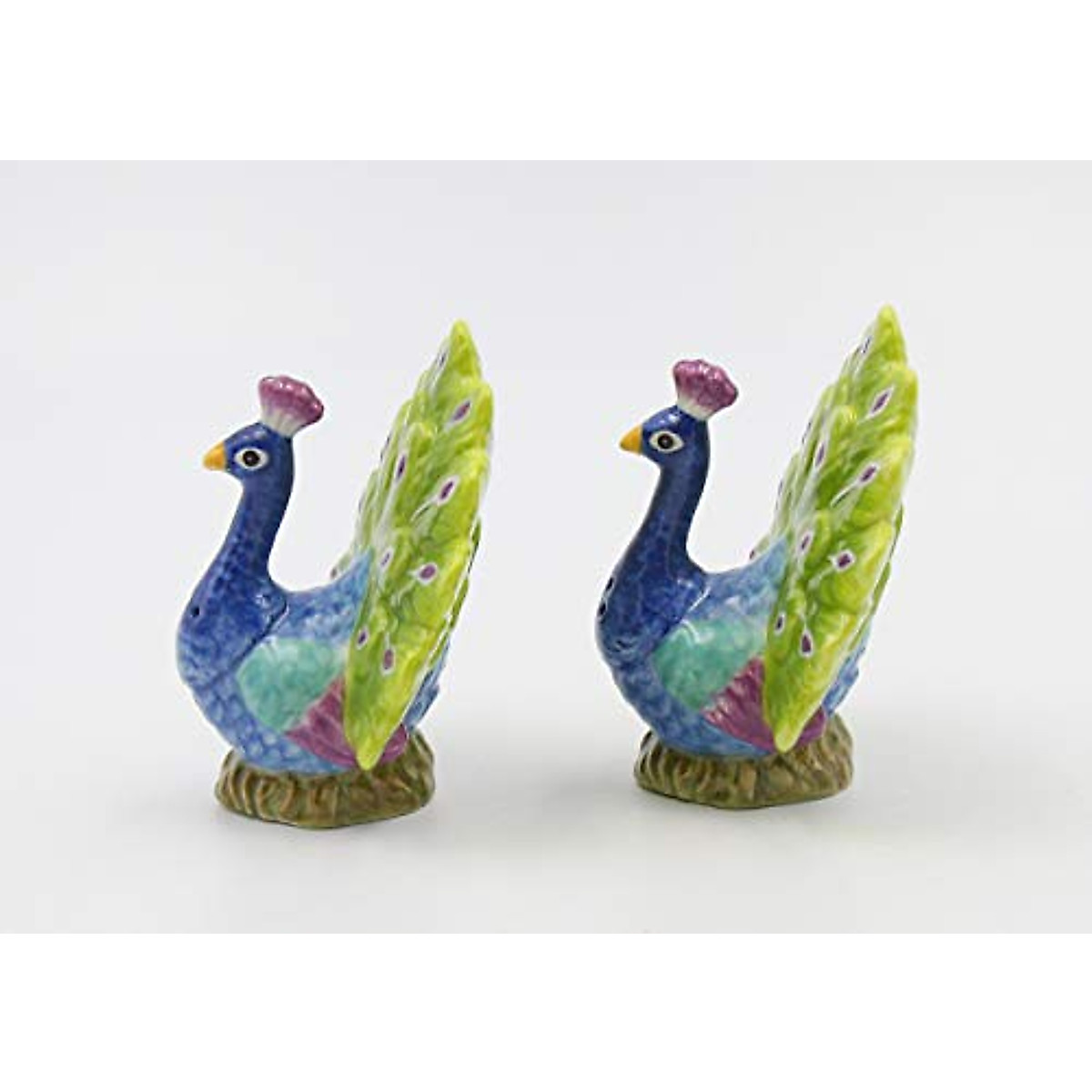 Fine Porcelain Peacock Open Fan Tail Salt & Pepper Shakers Set, 3-1/8" H