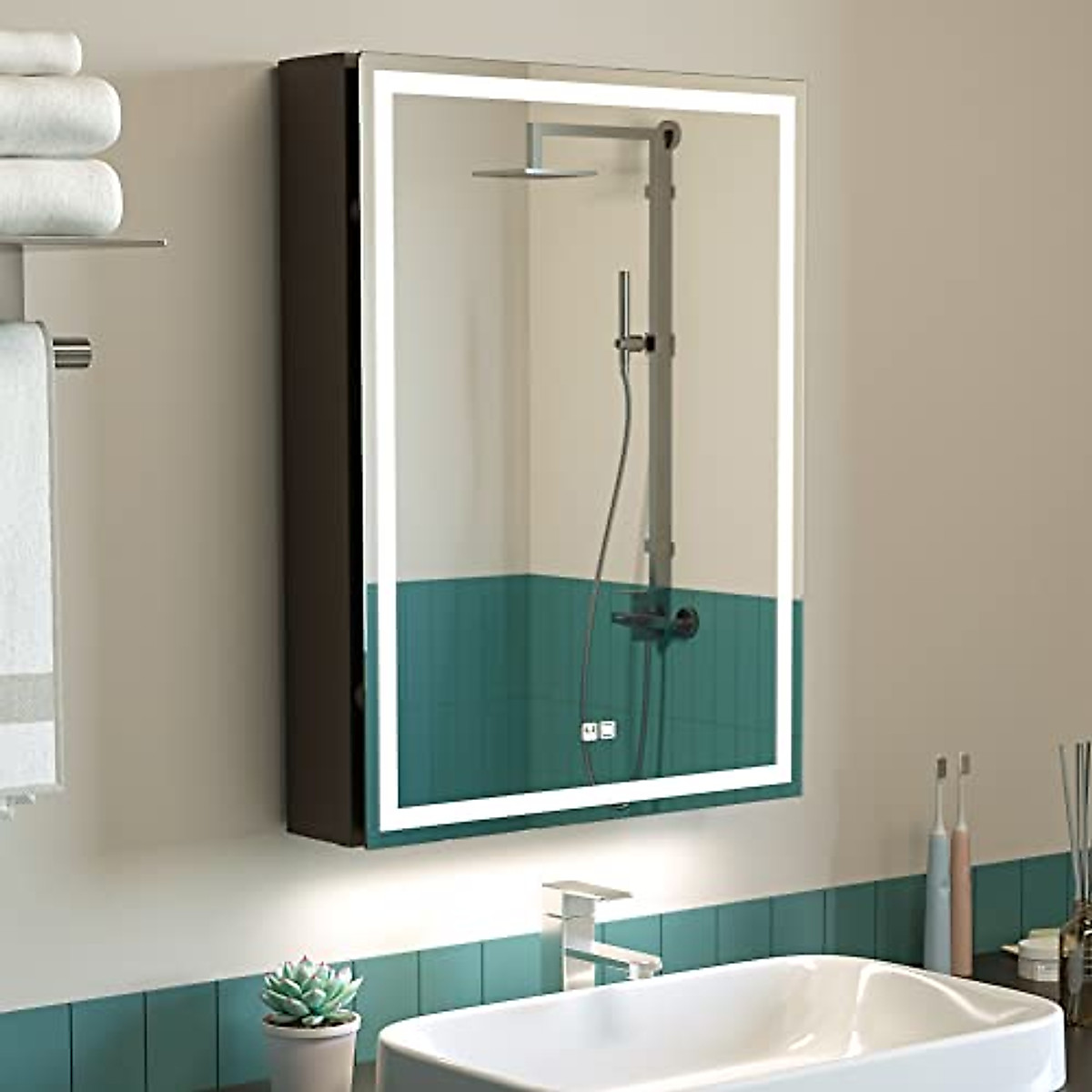 KWW 20 x 28 Inch LED Lighted Bathroom Medicine Cabinet with Mirror, Defogger, Dimmer, 3 Color Light Makeup Mirror, Outlets & USBs, Easy to Install, Wall Mounted Mirror Medicine Cabinet