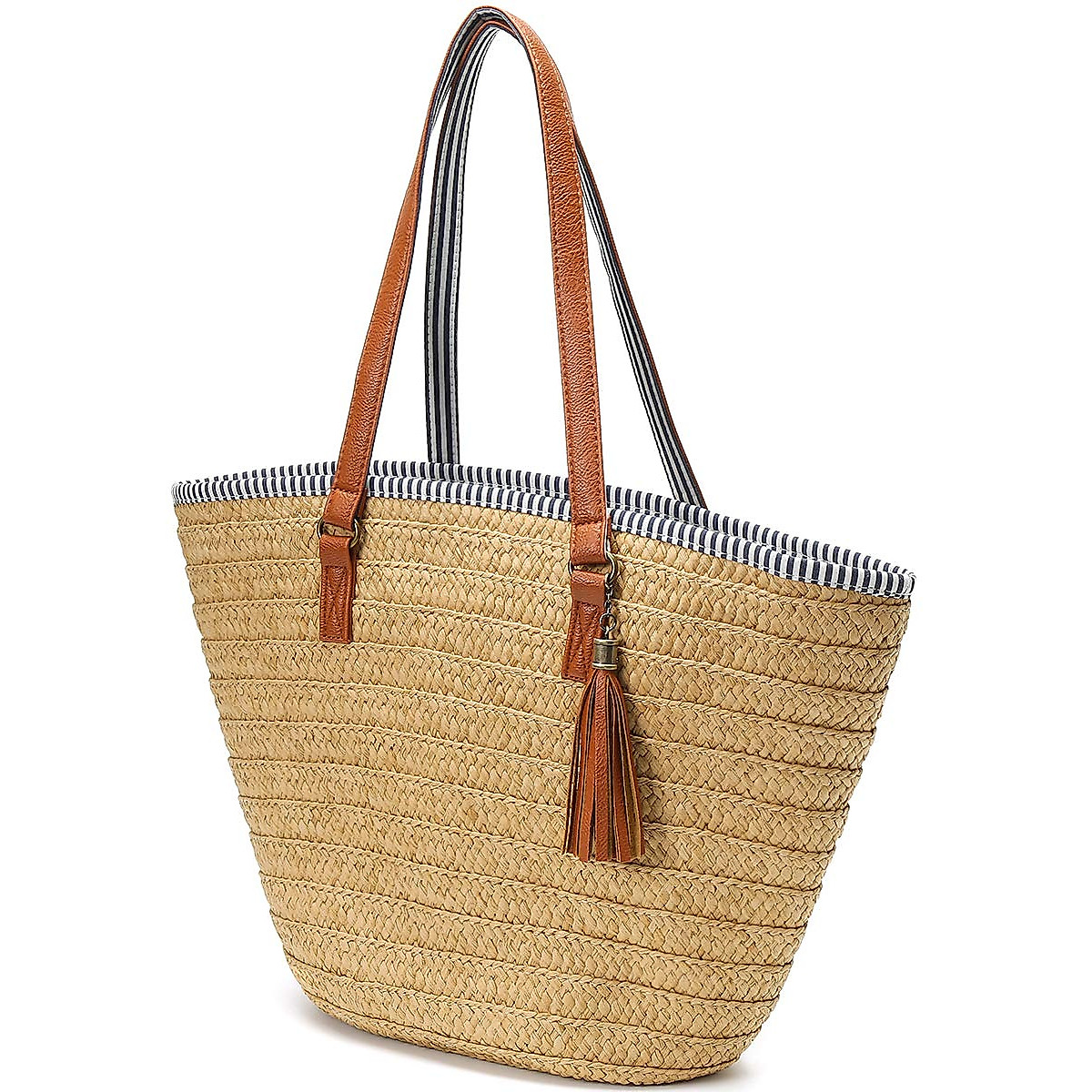 Molodo Straw Bag Round Summer Straw Large Woven Beach Bag Purse For Women Vocation Tote Handbags With Pom Poms