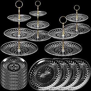 14 Pieces Tiered Cupcake Stand Set Gold 2-Tier 3-Tier Serving Stand Tower Tray with Round Rectangle Food Serving Trays Long Slim Dessert Stand for Party Baby Shower Wedding (Crystal Style)