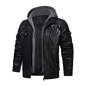 HOOD CREW Men’s Casual Stand Collar PU Faux Leather Zip-Up Motorcycle Bomber Jacket With a Removable Hood