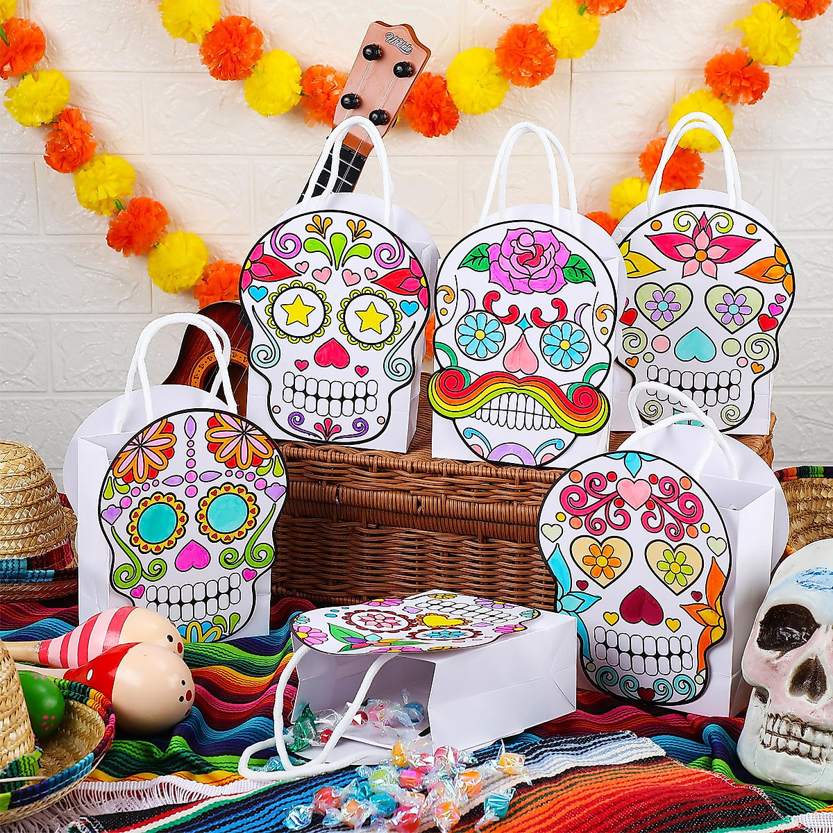 Humyoun 24 Sets Color Your Own Sugar Skull Treat Bags DIY Dia De Muertos Paper Bags Make Your Own Day of the Dead Gift Bags Sugar Skull Treat Bag for Day of the Dead Crafts Dia De Muertos Party Favors