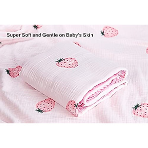 47x59 Extra Large 6 Layer 100% Organic Cotton Super Soft Warm Muslin Baby Swaddle Bed Blanket for Girls Infant Newborn Natural White Color Light Pink Strawberry Fruit Lovely Print Bedding Thick Winter