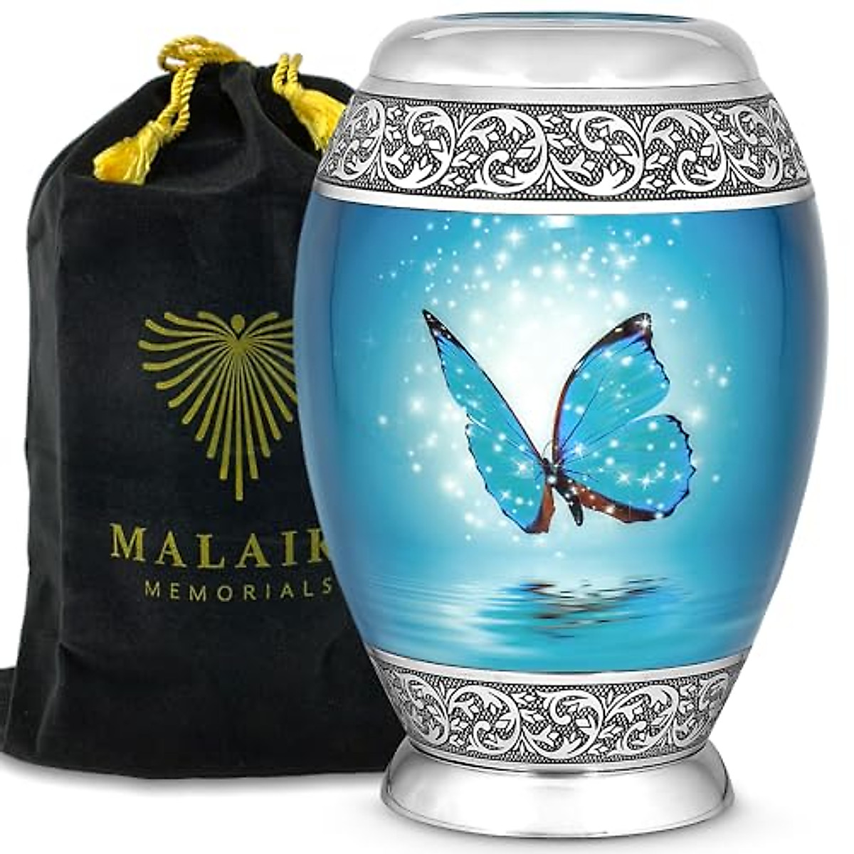 Malaika Memorials Blue Butterfly Urn - Adult Cremation Urn for Human Ashes Women/Men - Cremation Urns for Ashes Adult Female/Male - Funeral Urns for Mother, Dad or Other Loved One up to 200 lbs