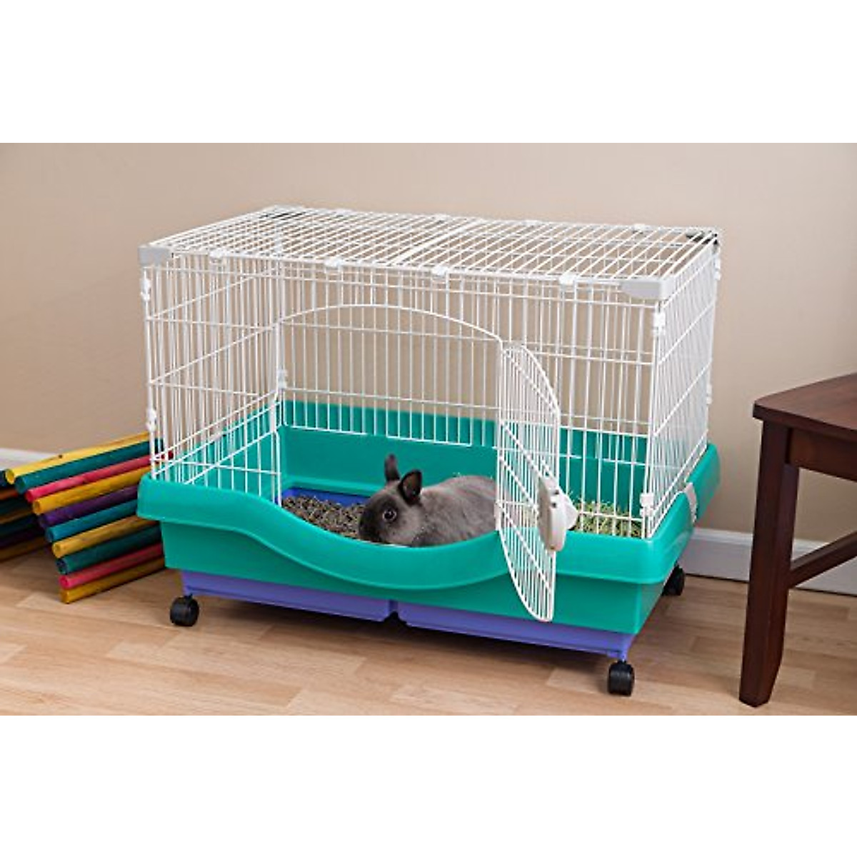 IRIS USA Large Portable Wire Rabbit Cage with Top Access and Two Tray Division, Easy Access Secure Lock and Easy to Clean Movable House for Small Sized Animals Rabbit Guinea Pigs Rat Hamster, Green