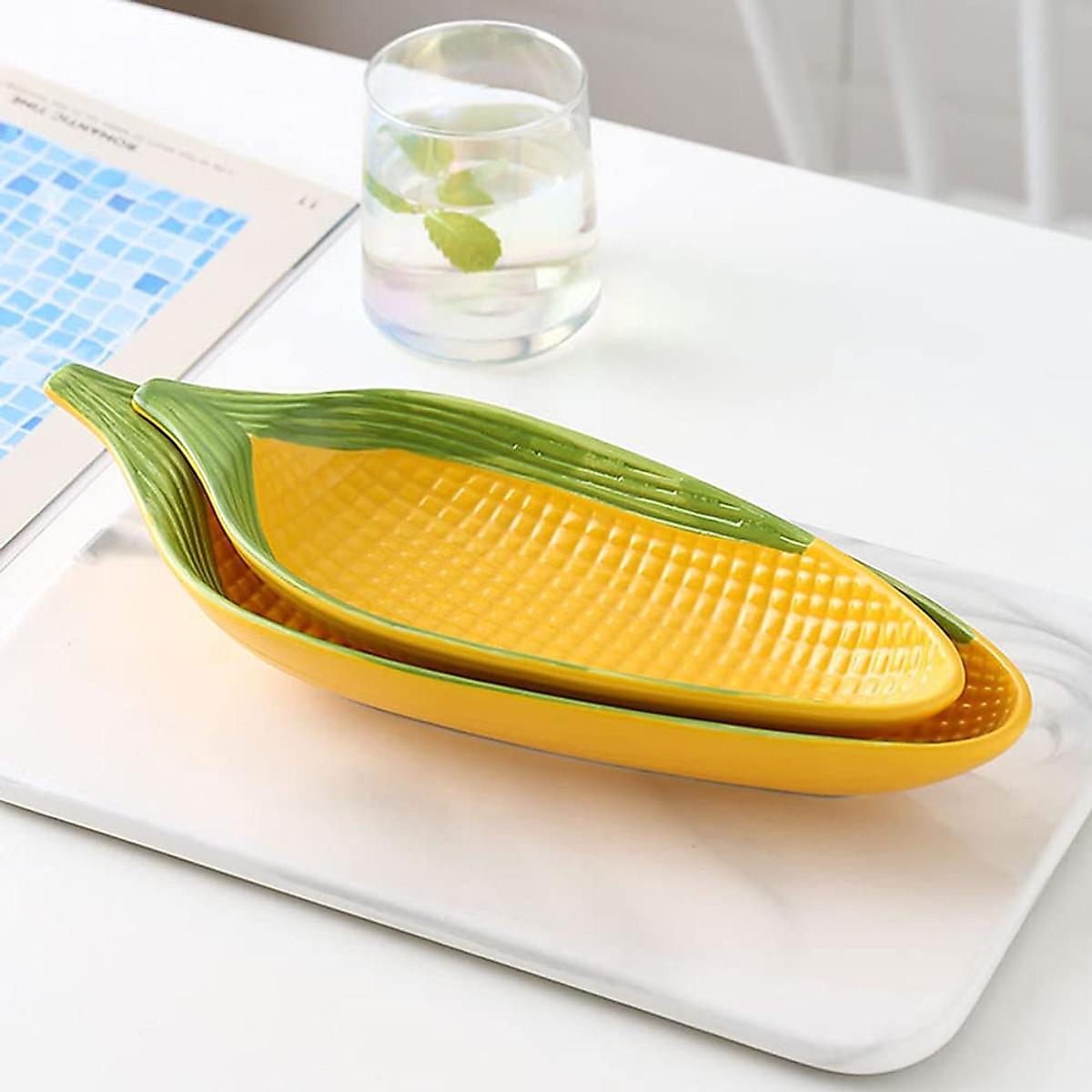 Corn Holder Ceramic Serving Corn Shape Dishes Ceramic Dining Table Snack Plate Cheese Platter Appetizer Trays Dinnerware Supplies for Snack Food Nuts Porcelain Dinner Plates Corn Cob Trays