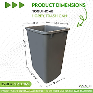 Yogui Home Living Plastic Trash Can - 35-Quart (9-Gallon) - Indoor Garbage Bin for Kitchen, Home, Office and Commercial Use - Large Waste Disposal Tub, Plastic Waste Container- Grey.