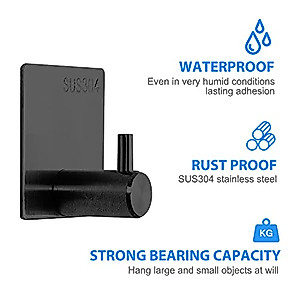Panlogee 304 Stainless Adhesive Hooks ,Waterproof Adhesive Holder for Cloth，Towel,Bathroom,Kitchen(4pack) (Square-Shape Black)