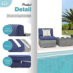 Patiorama 3-Piece Patio Furniture Set, Outdoor Sectional Sofa, All-Weather Grey PE Wicker Rattan Conversation Set, Outdoor Couch Loveseat Sofa w/Coffee Table for Deck Balcony Pool(Navy Blue Cushion)