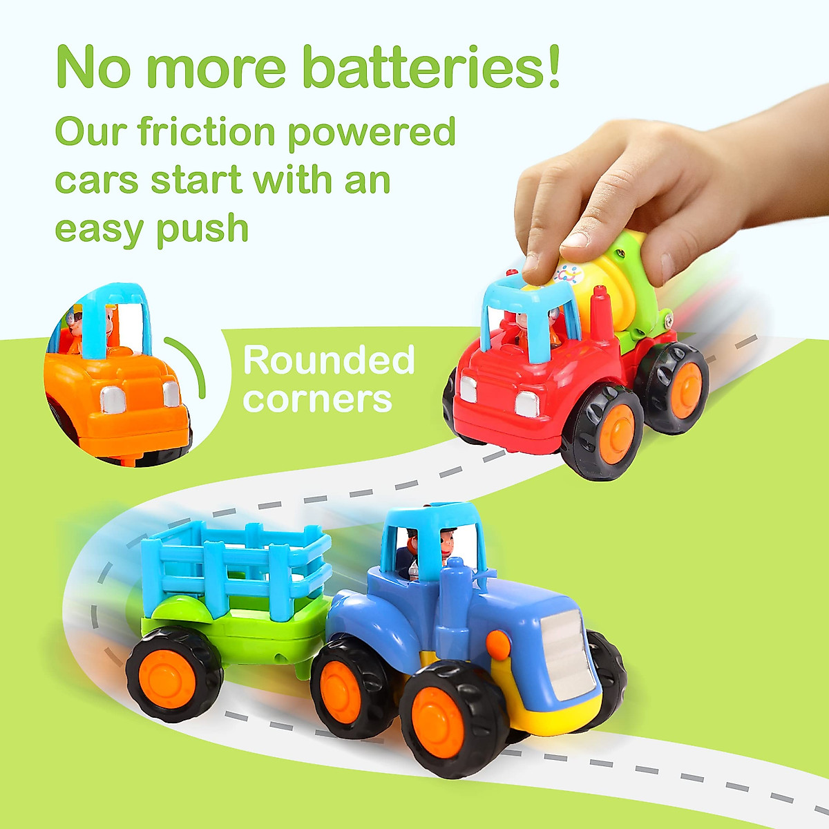 IQ Toys 4 Pack Friction Powered Cars Construction Vehicles for Toddlers, with Car Tractor, Bulldozer, Dumper and Cement Mixer Truck