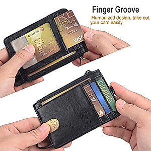 Teskyer Slim Wallet, Credit Card Holder Wallet with Zip Pocket & Neck Lanyard, Minimalist Front Pocket RFID Blocking Leather Wallet for Men & Women