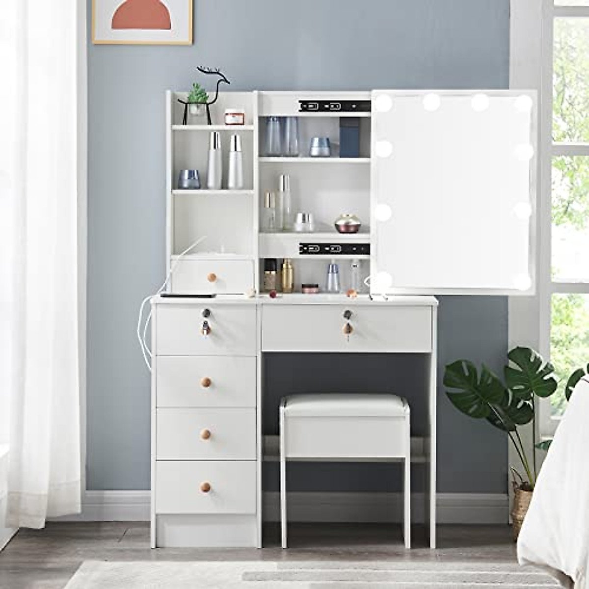 White Makeup Vanity Table,Vanity Desk with Lighted Makeup Mirror and Charging Station, Vanity Dressing Table with Lights & Storage Drawers and Stool for Bedroom,Girls Women