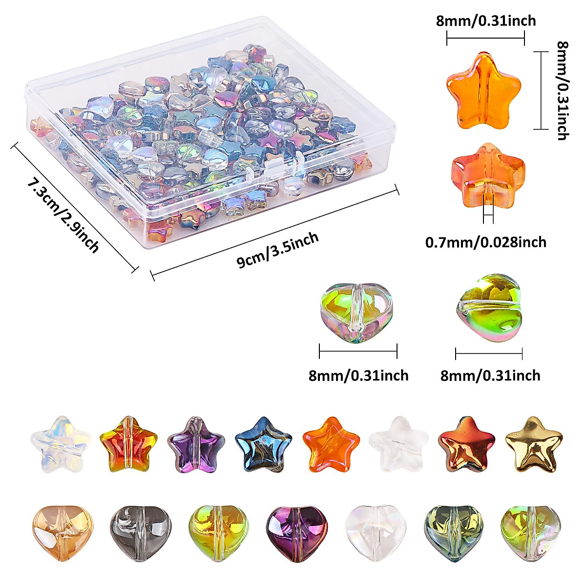 QUEFE 250Pcs Star Glass Spacer Beads Bulk AB Colorful 8mm Heart Beads for Jewelry Bracelet Necklace Making