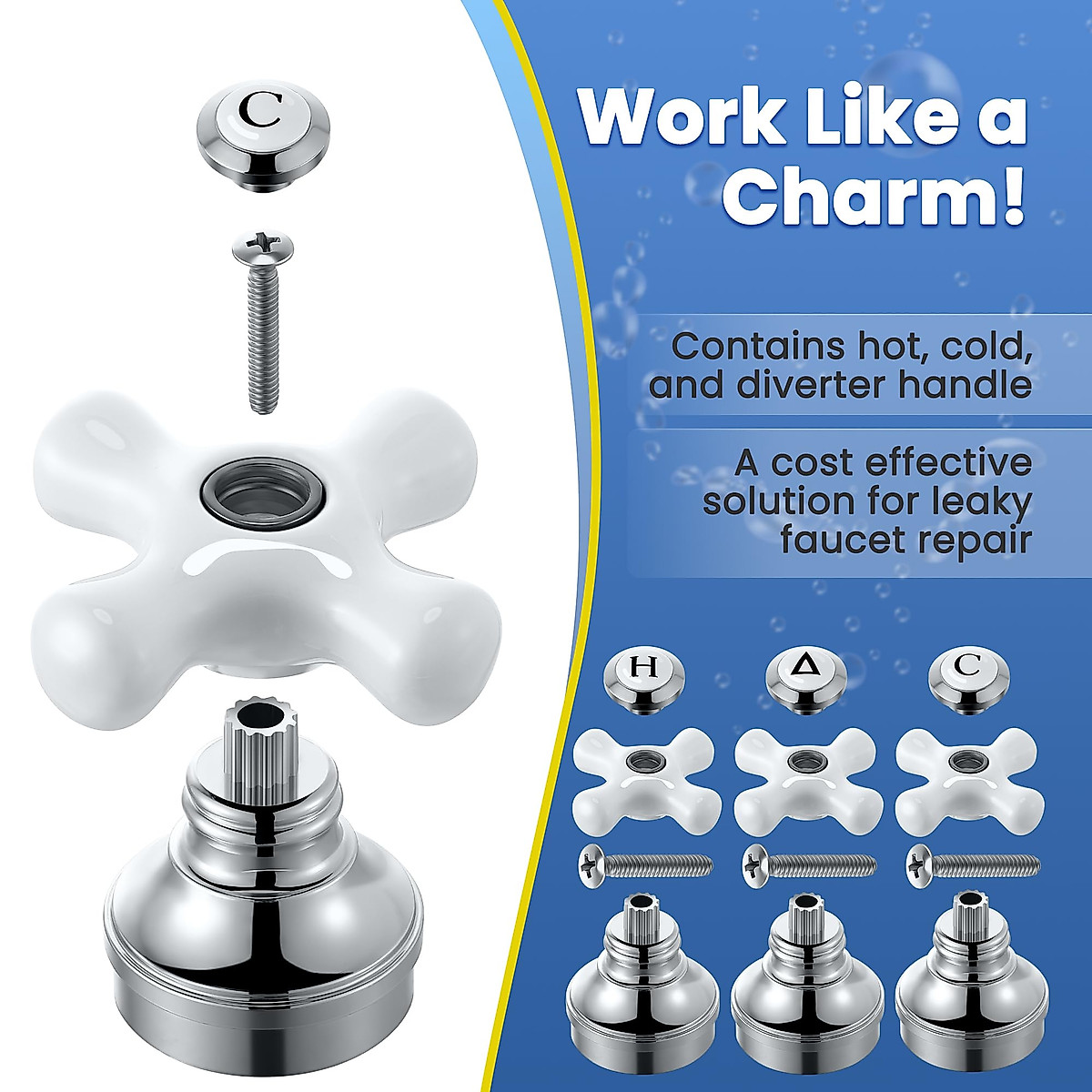 Enhon 3 Pcs Porcelain Handle Set, Compatible with Price Pfister Shower Valve, Hot Cold and Diverter Handle, Fits 12 Point Broach Stem, Chrome Finish White Porcelain(Cross Arm)