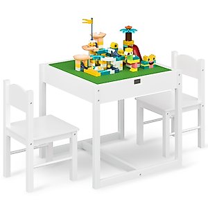 4NM 3 in 1 Kids Table Set for 2, Children Table and Chairs, Toddler Play Activity Table with Hidden Storage Wood Building Block Table Desk for Ages 3-7 - White Green