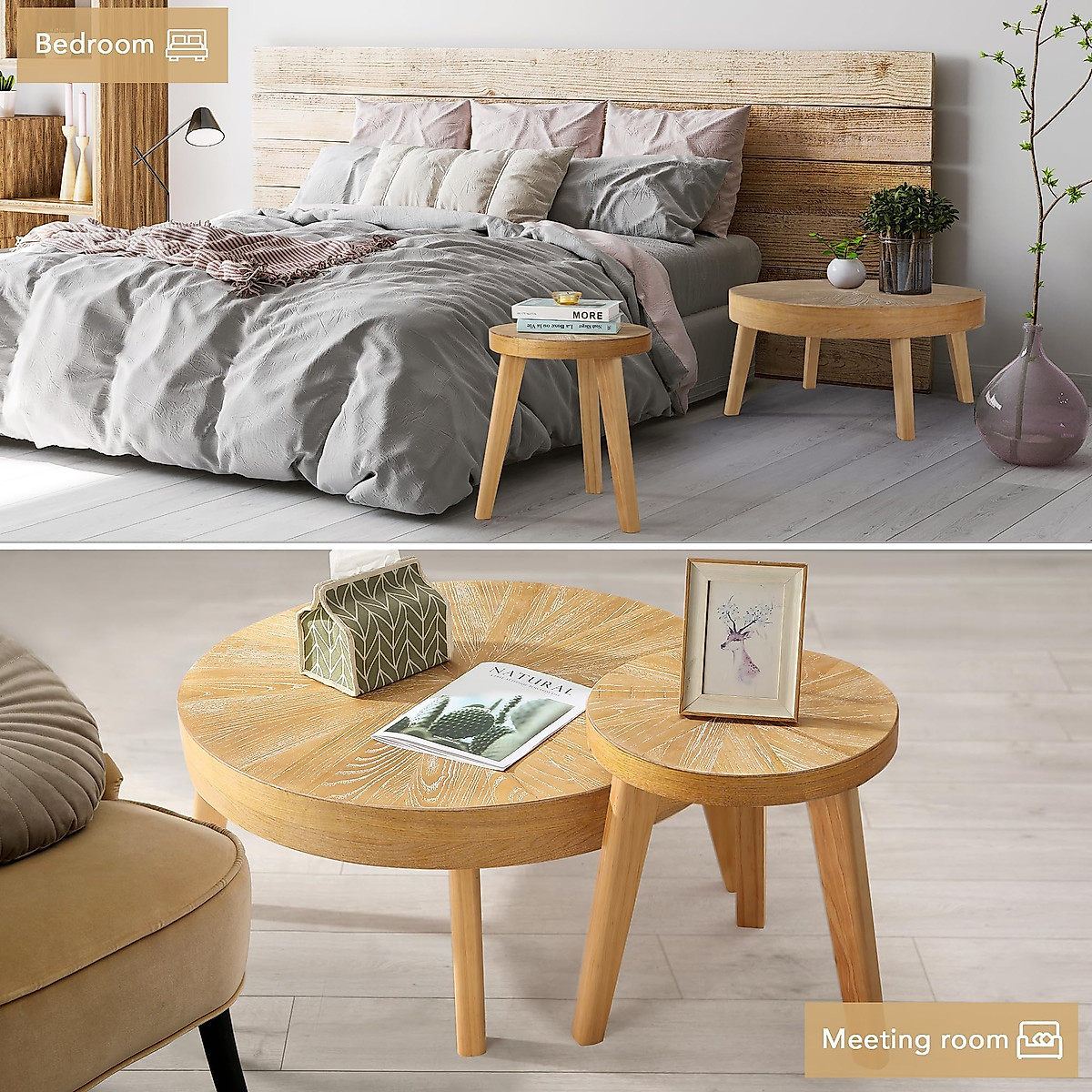 HOKYHOKY Farmhouse Round Coffee Table Set of 3, Boho Sofa Side Nesting Tables End Table Set with Wood Natural Finish for Living Room, Bedroom, Home Office,Natural