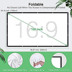 DBPOWER Projector Screen 100 inch, 16:9 HD 3D Foldable Anti-Crease Portable Projector Movie Screen for Home Theater Indoor Outdoor Support Double Sided Projection