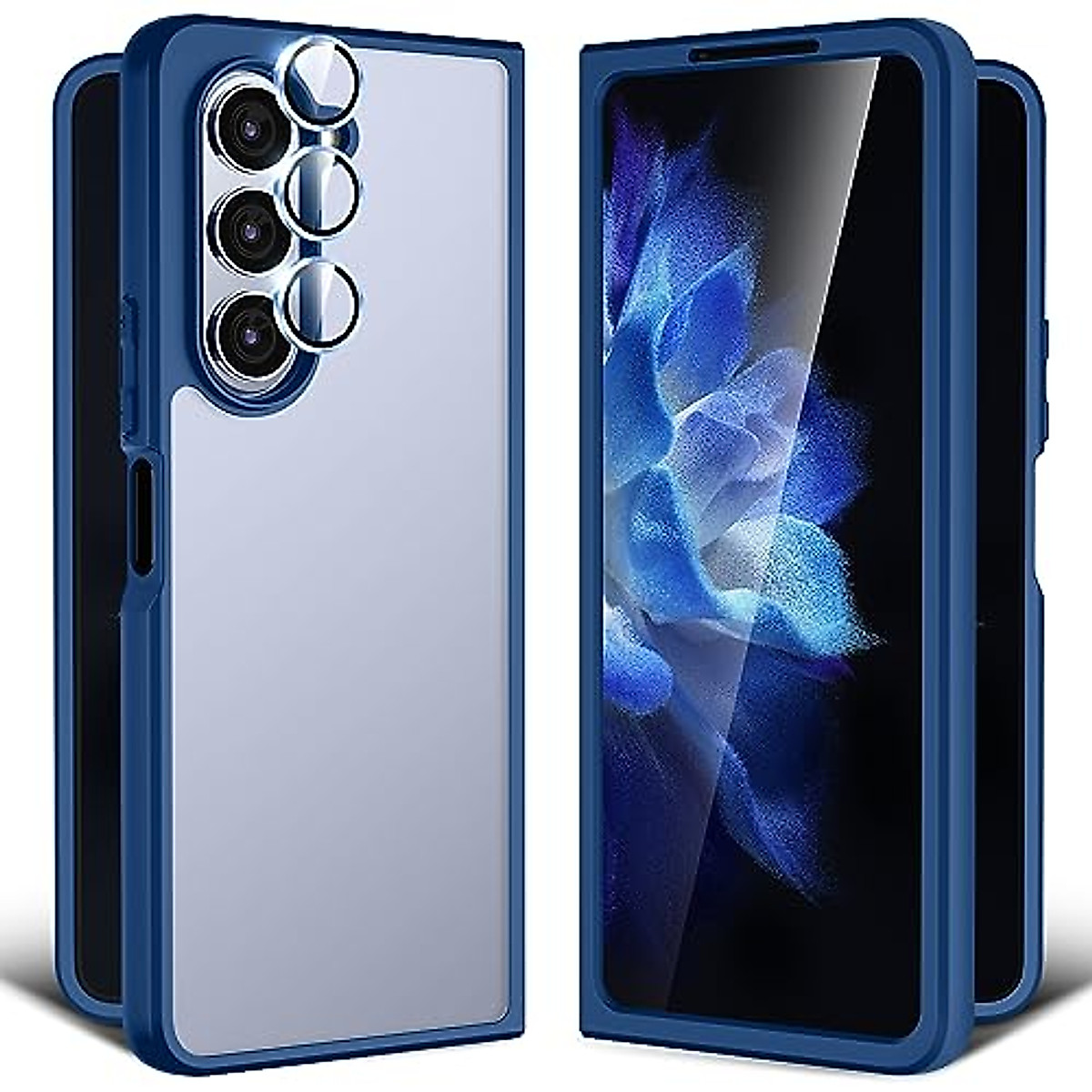 MALEWOLF Compatible with Samsung Galaxy Z Fold 5 Case [Camera Lens Protector] [Hinge Connector], Matte Translucent Slim Shockproof Silkly PC & TPU Phone Cover for Samsung Z Fold 5 Women Men (Blue)