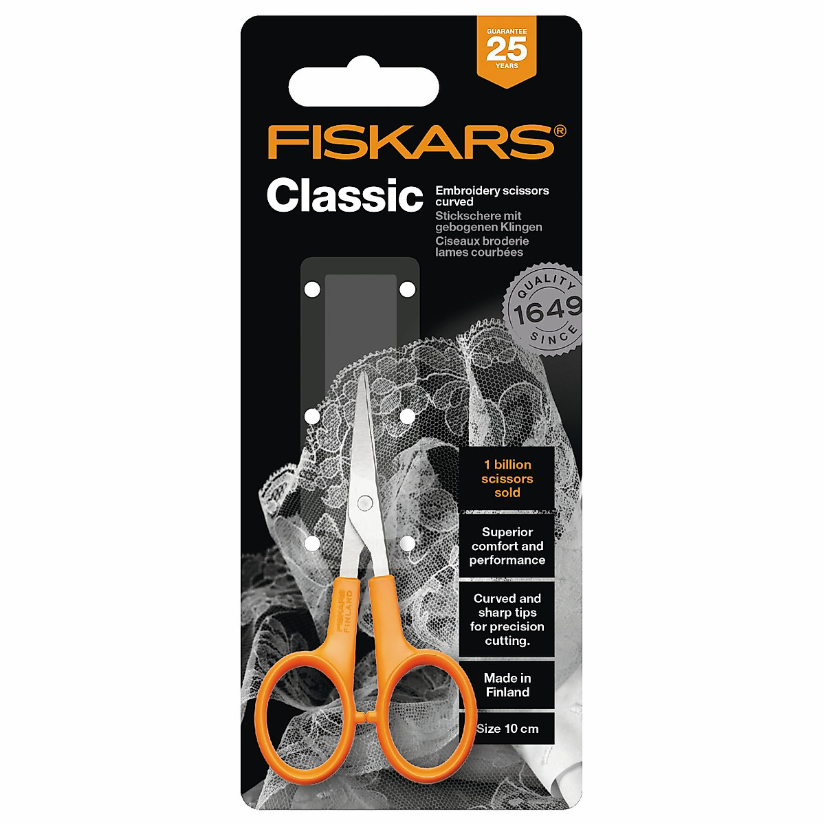 Fiskars Embroidery Curved, Length: 10 cm, For Right- and Left-handed Users, Stainless Steel Blade/Plastic Handles, Orange, Classic, 1005144
