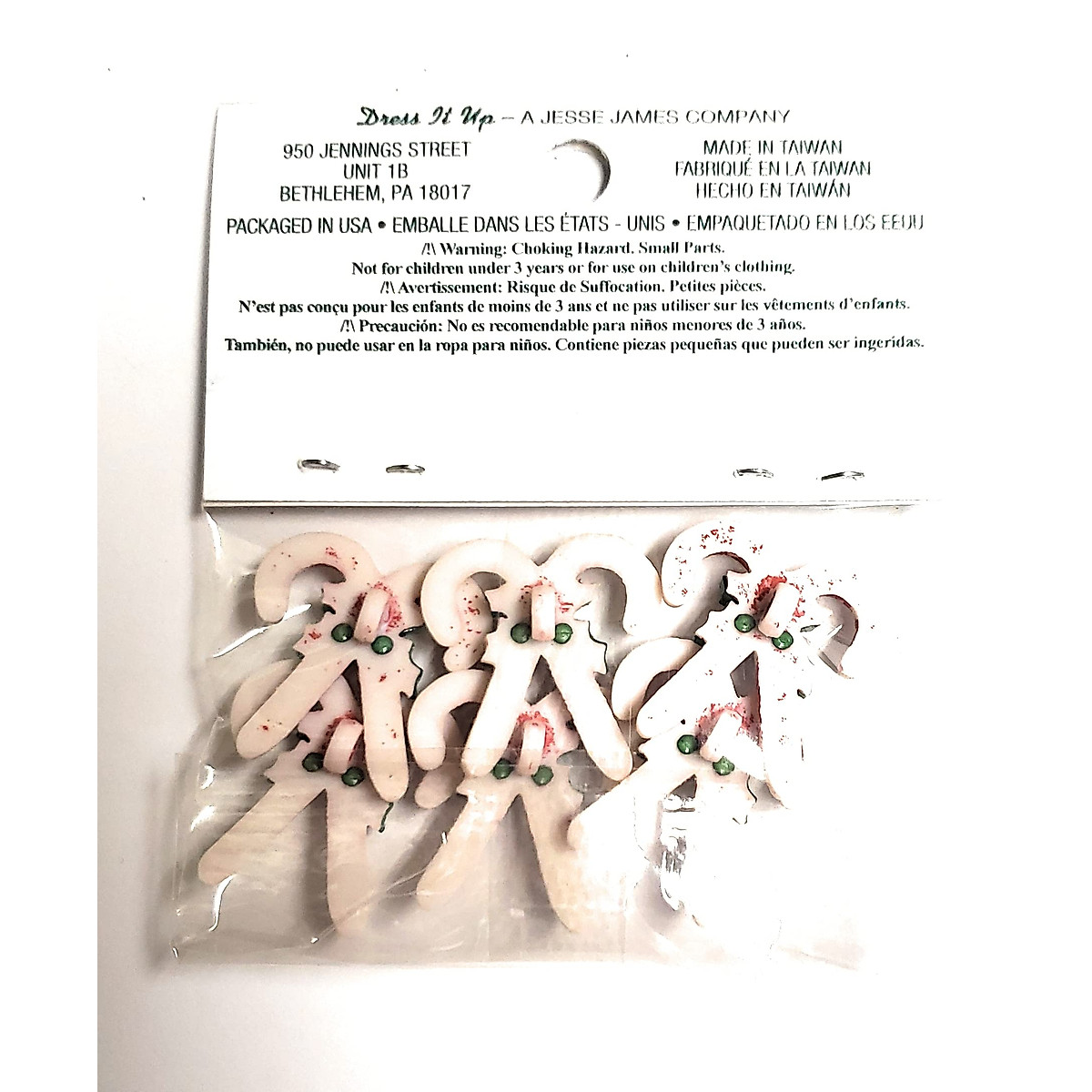 Candy Cane Buttons by Dress It Up Buttons and Embellishments - Holiday Collection, Red White & Green, 24mm